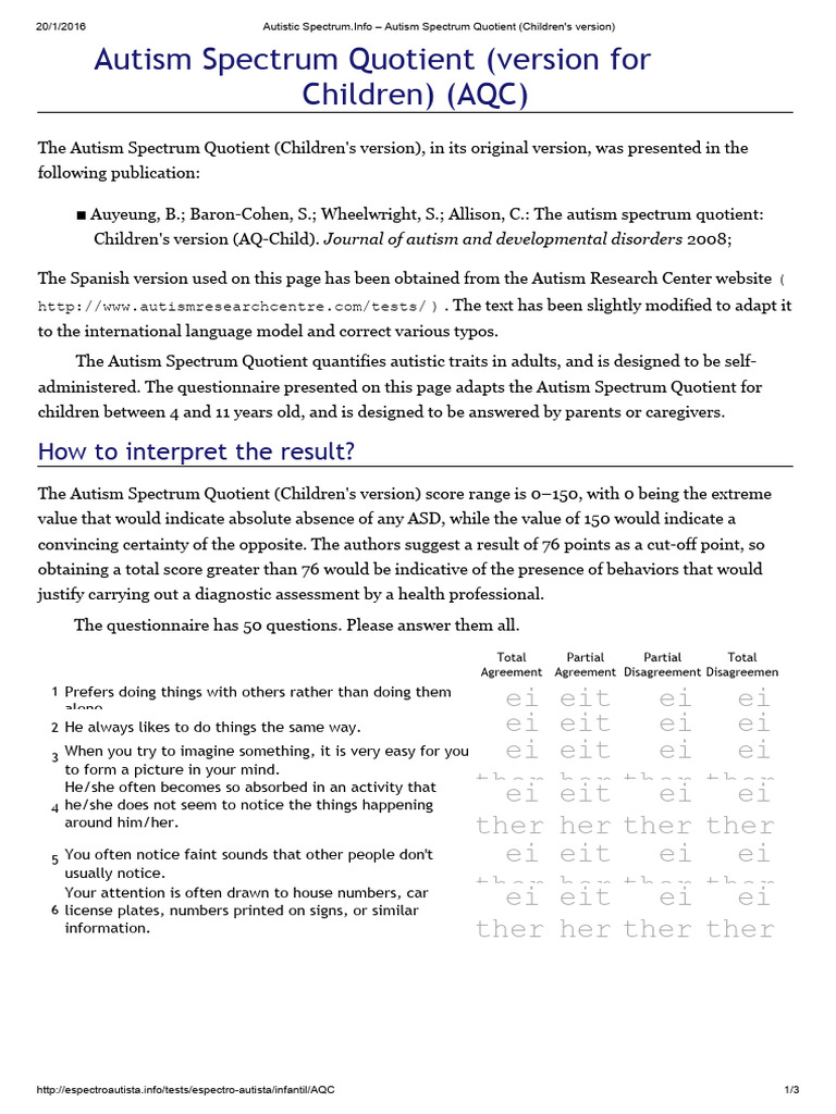 AQC Autism Spectrum Quotient | Download Free PDF | Autism Spectrum | Behavioural Sciences