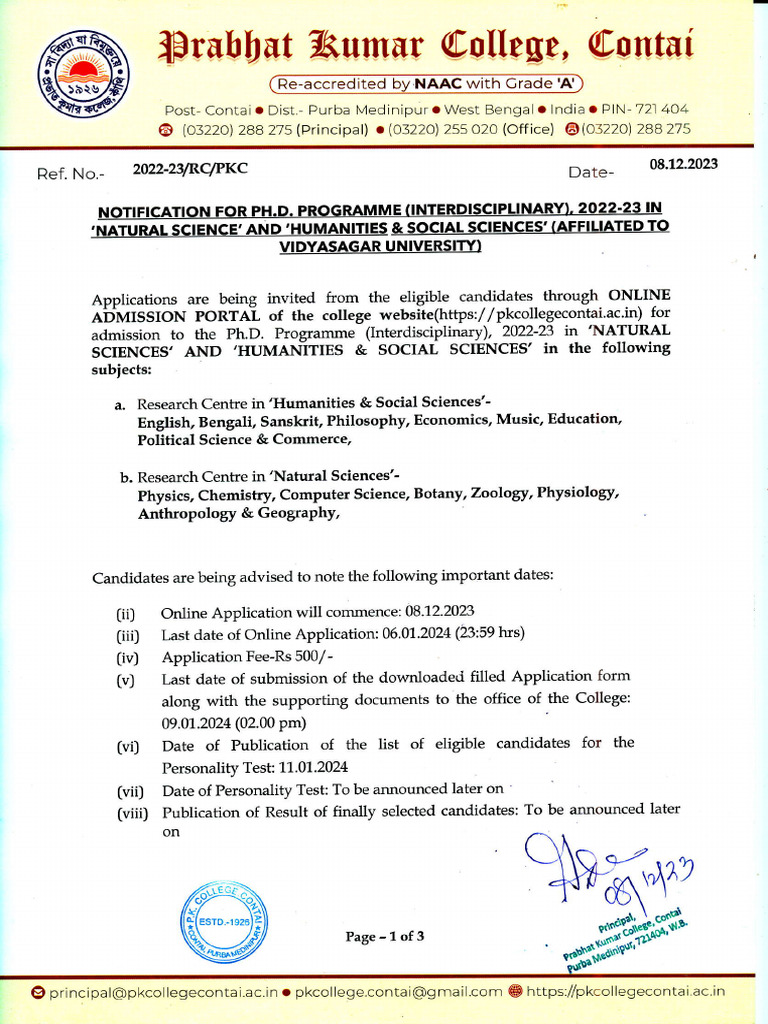 Scanned Notification RC 2022-23 | PDF | Doctor Of Philosophy | Science