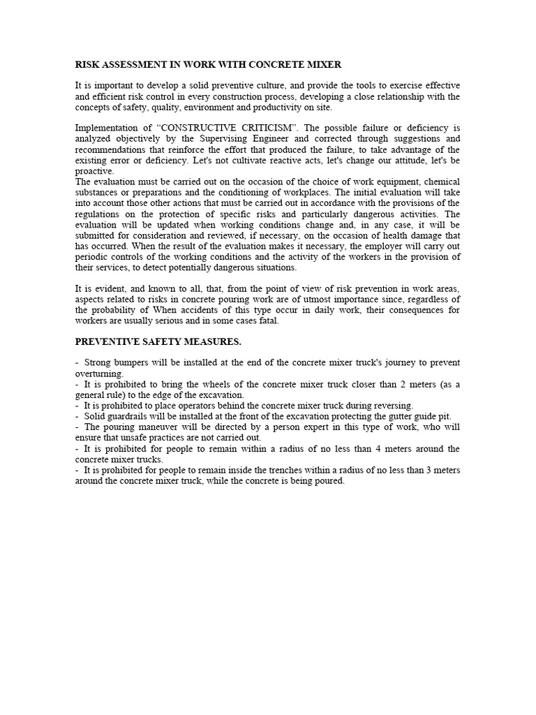 Risk Assessment in Work With Concrete Mixer | PDF | Occupational Safety ...