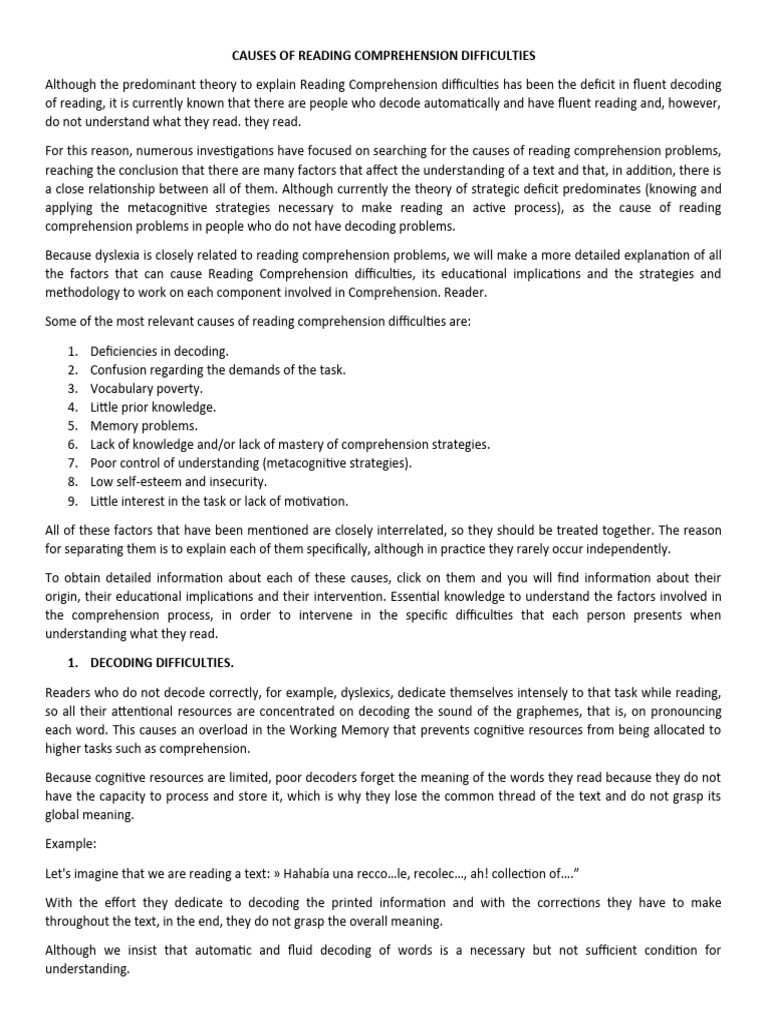 Causes of Reading Comprehension Difficulties | PDF | Reading Comprehension | Dyslexia