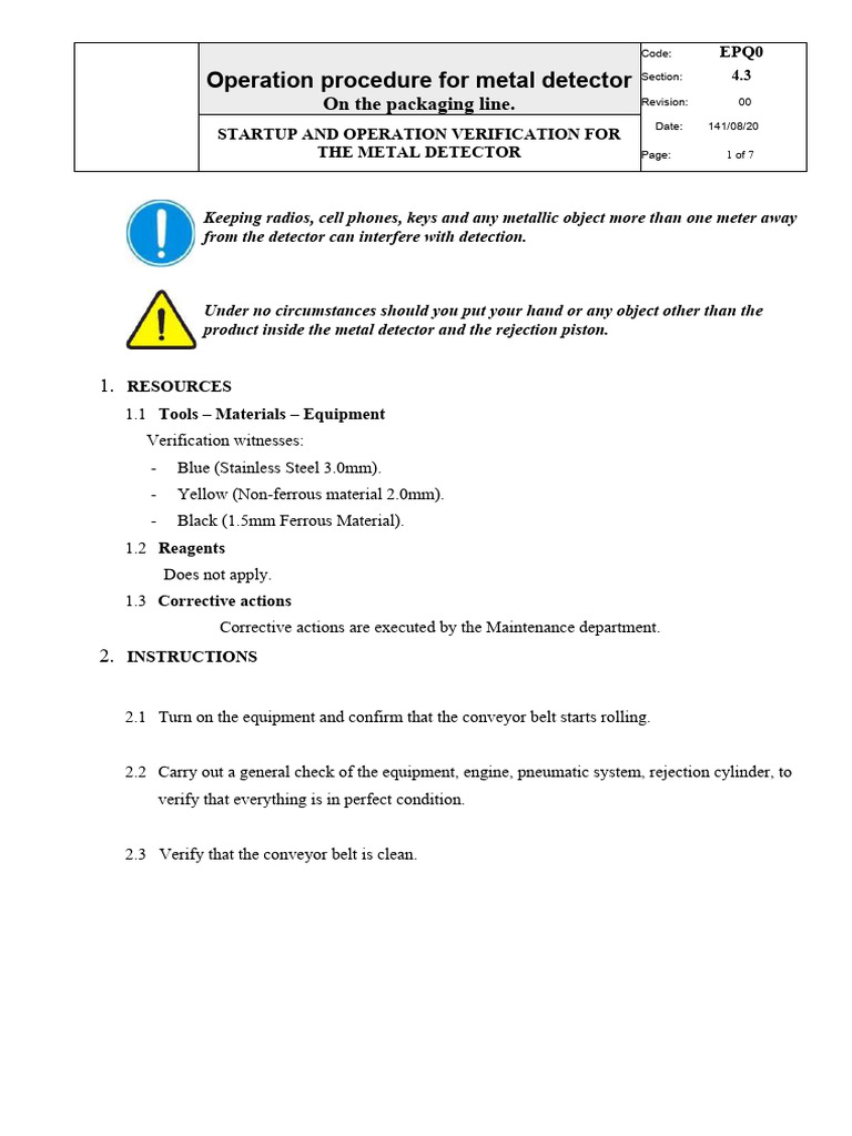 Operating Procedure For Metal Detector | PDF | Menu (Computing) | Calibration