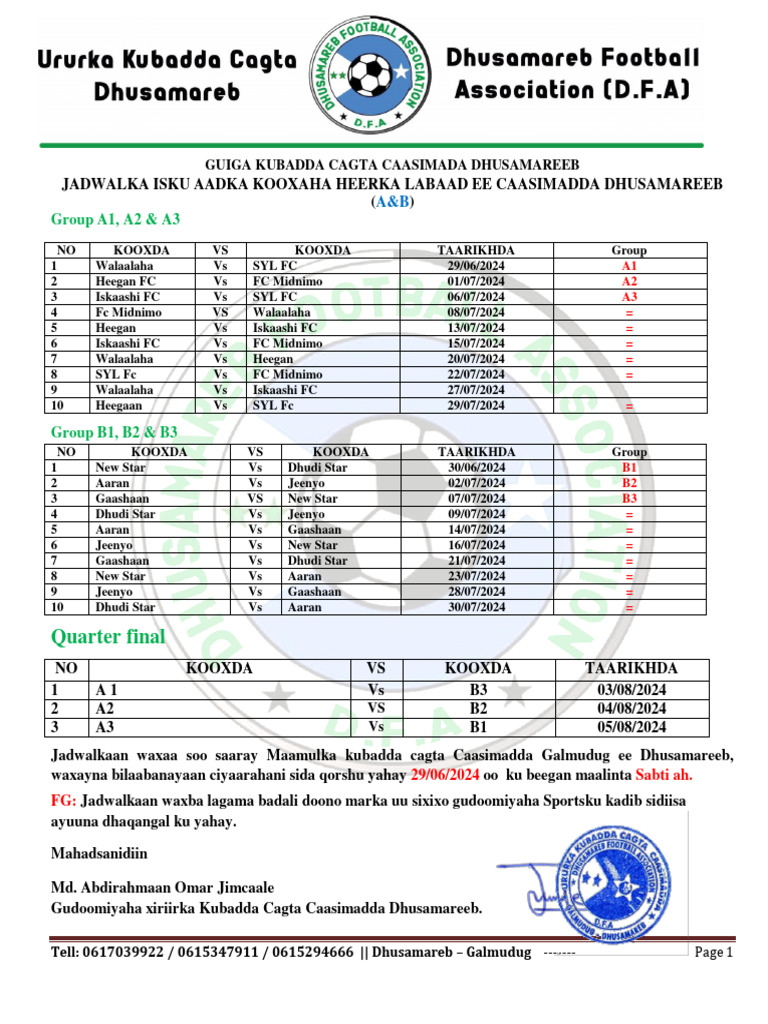 Jadwalka Isku Aadka Ciyaaraha Heerka Labaad Jun 2024 | PDF