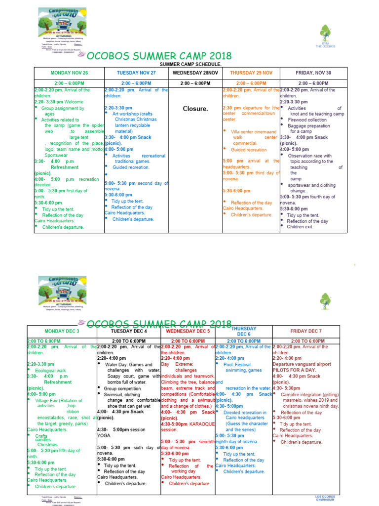 Activities Schedule - Summer Camp | PDF