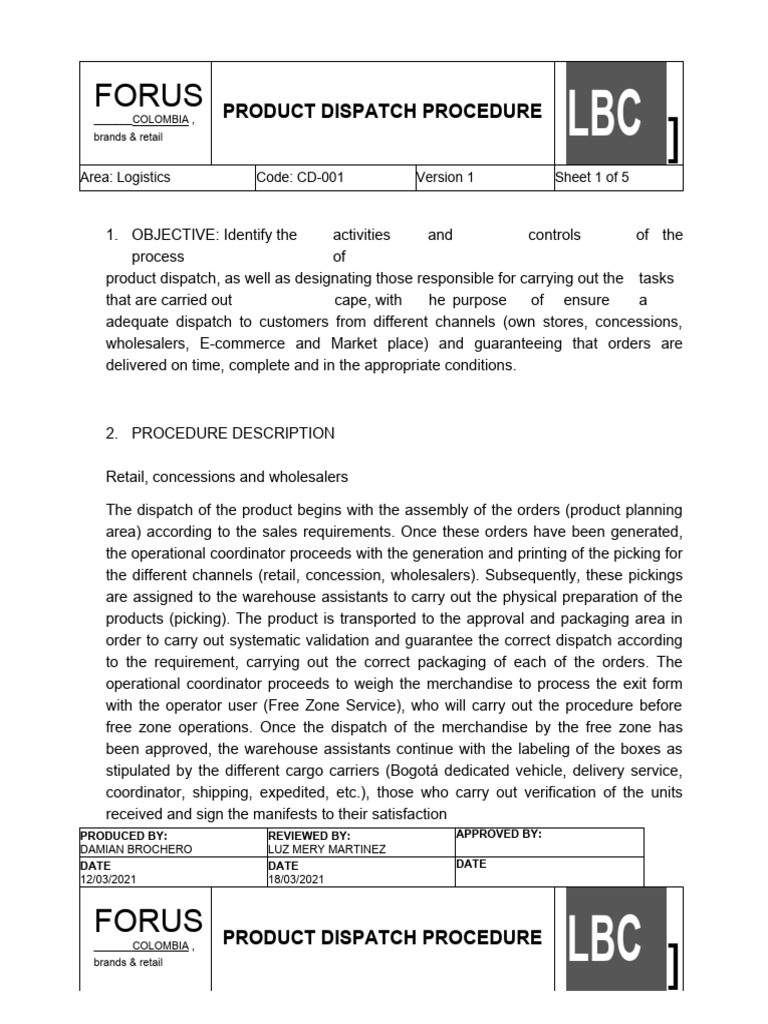Product Dispatch Procedure | PDF | Warehouse | Retail