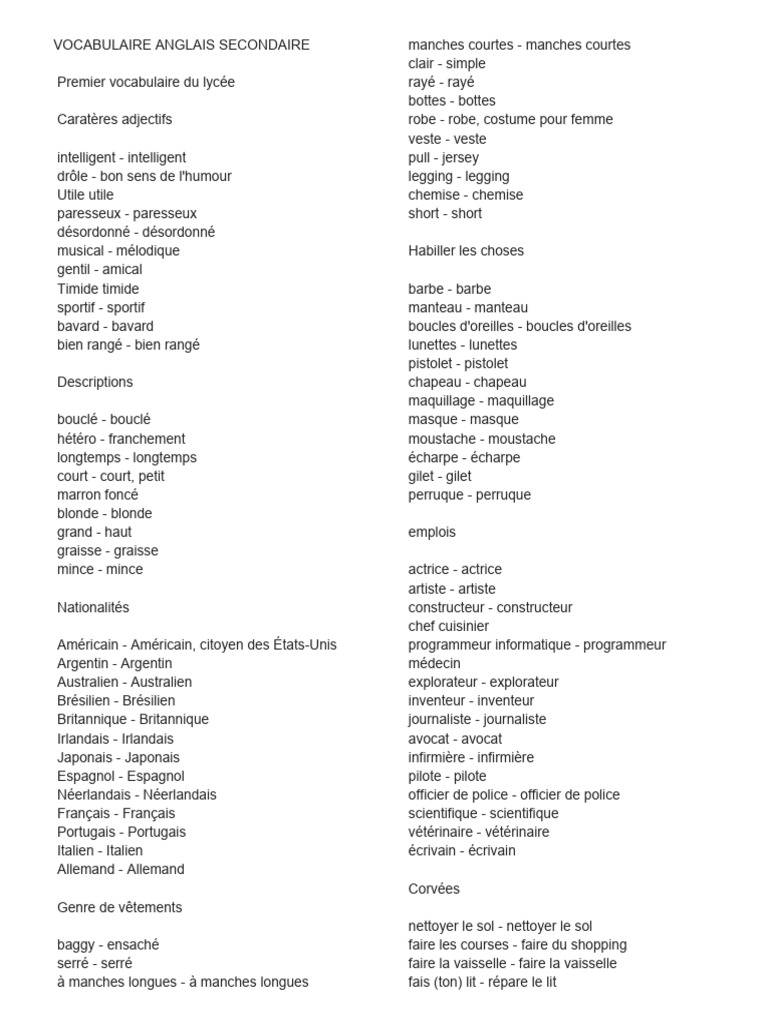 Vocabulaire Anglais pour Étudiants | PDF | Sommeil