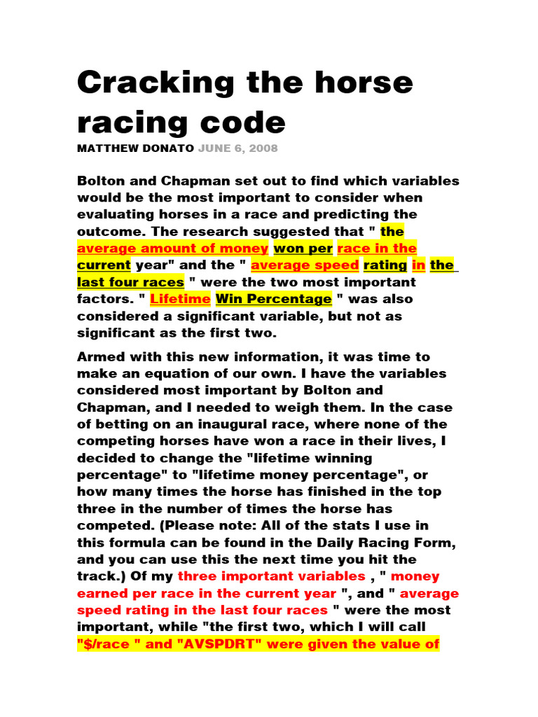 Cracking The Horse Racing Code SUMMARY | PDF | Applied Mathematics