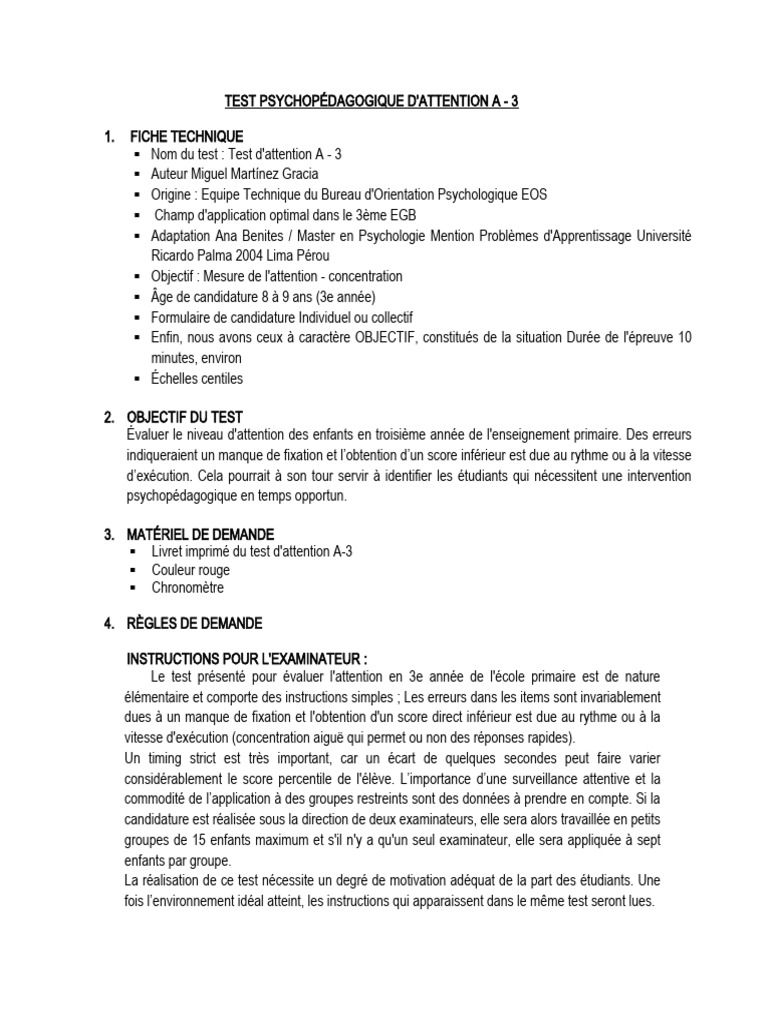Test d'Attention A-3 pour Enfants | PDF | Psychométrie