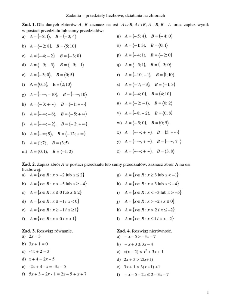Zadania ZBIORY PRZEDZIALY LICZBOWE | PDF