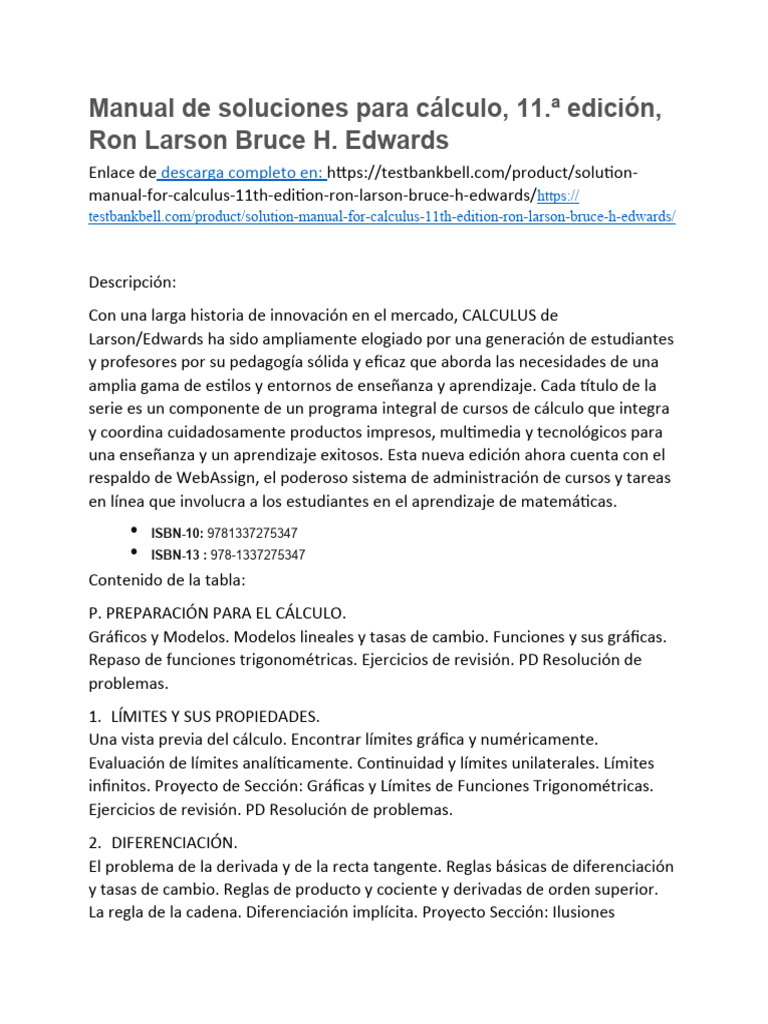Manual de Soluciones para Cálculo 11 Edición Ron Larson Bruce H Edwards | PDF | Integral | Derivado