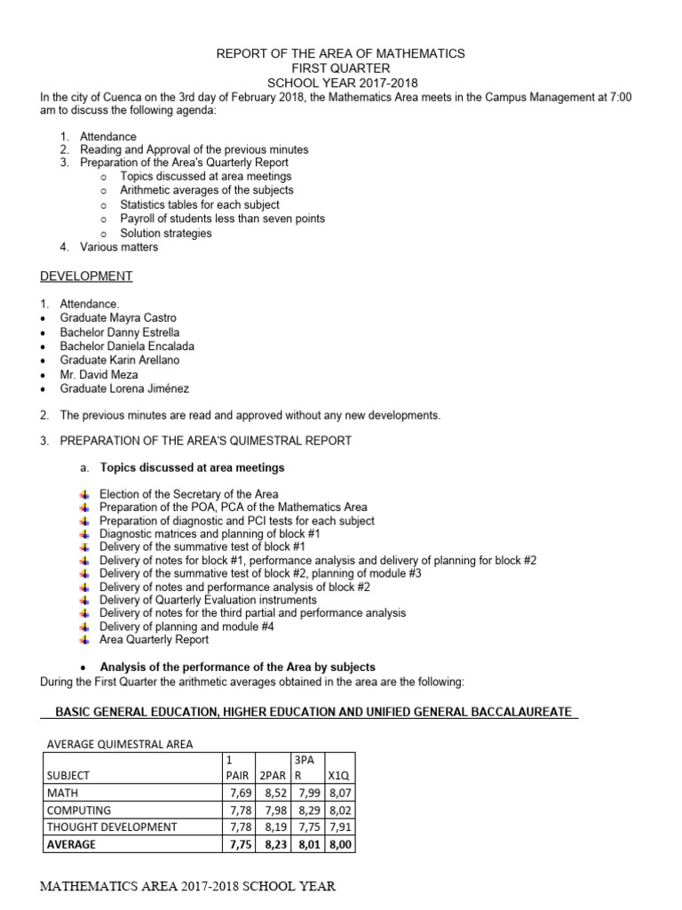 Mathematics Area Report | PDF | Mathematics | Mean