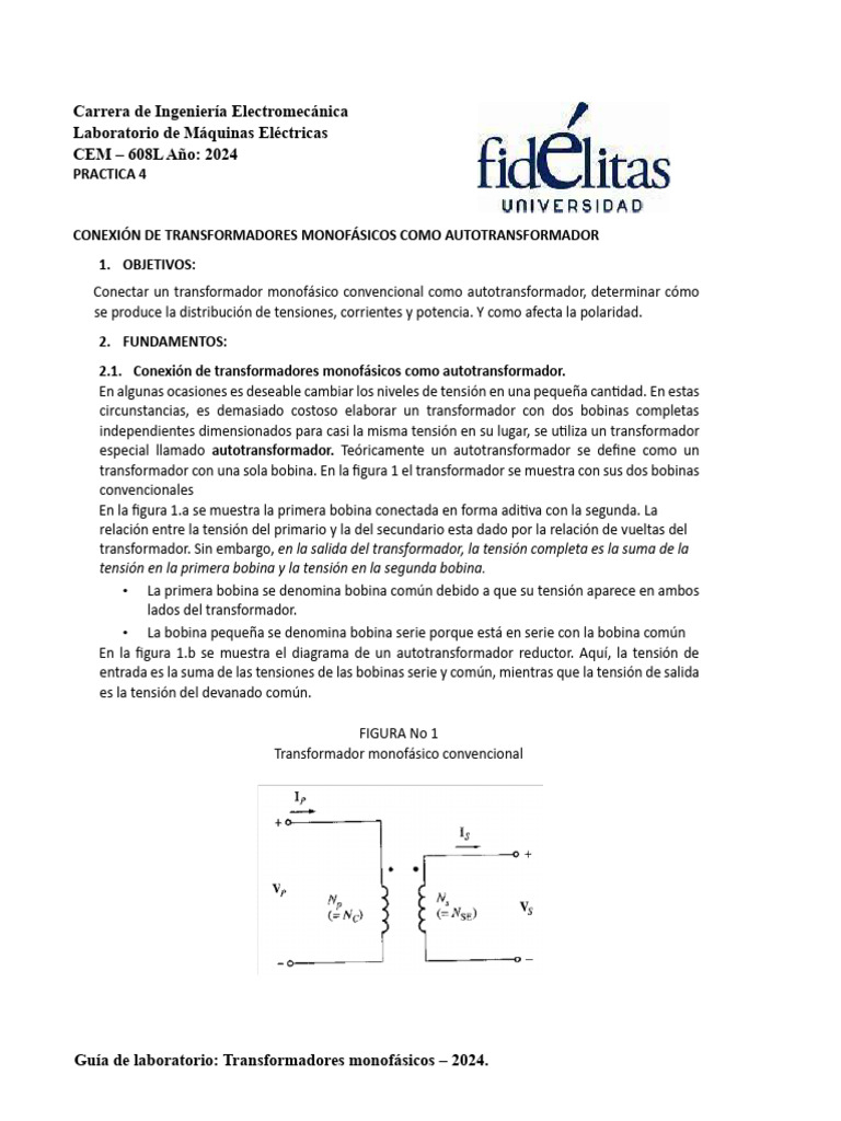 CEM-608L Lab Maq Elec (Practica 4) 2024 - Autotransformador | PDF | Transformador | Inductor