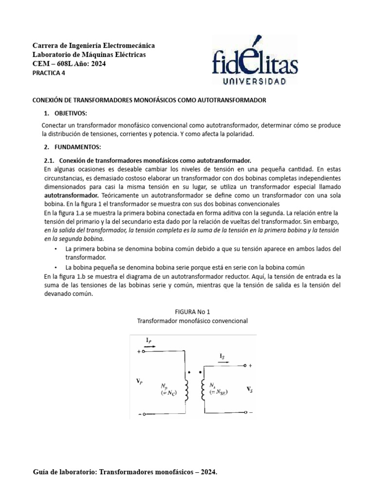 CEM-608L Lab Maq Elec (Practica 4) 2024 - Autotransformador | PDF | Transformador | Inductor