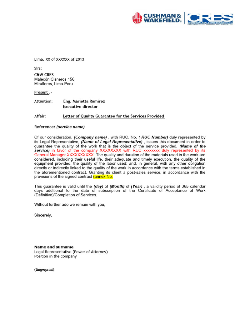 Quality Guarantee Letter for Services | PDF | Business | Finance ...