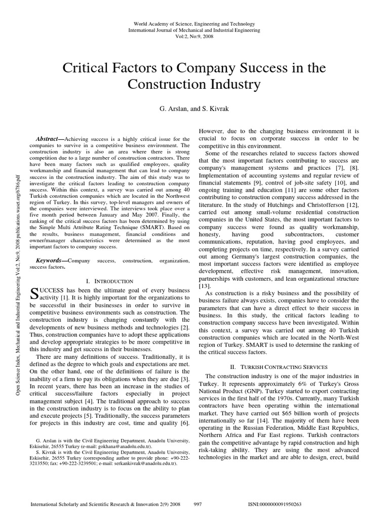 Critical Factors To Company Success In The Construction Industry Pdf