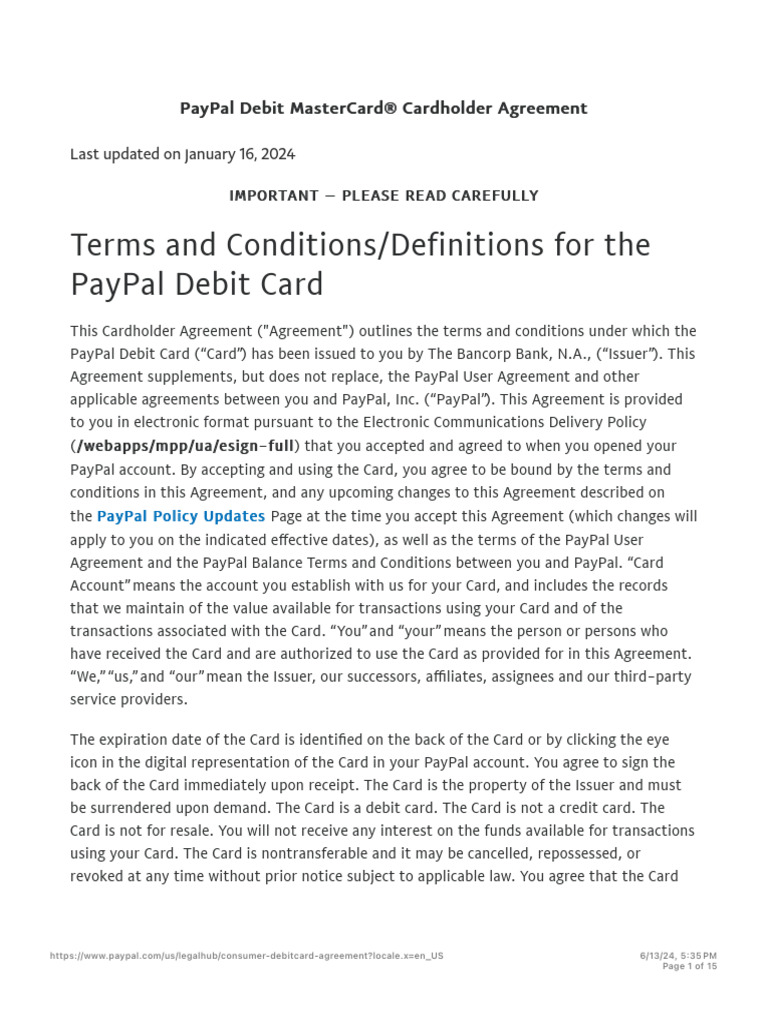 PayPal Debit Cardholder Agreement | PDF | Pay Pal | Automated Teller ...