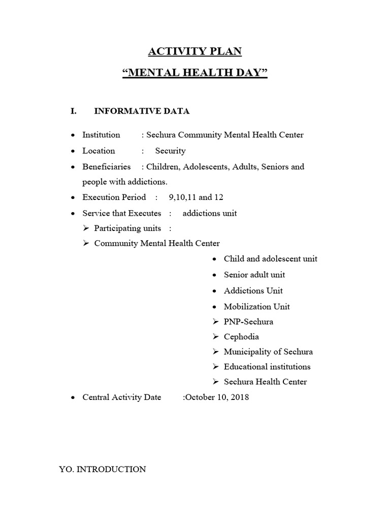 Mental Health Week Activity Plan | PDF | Mental Health | Preventive ...