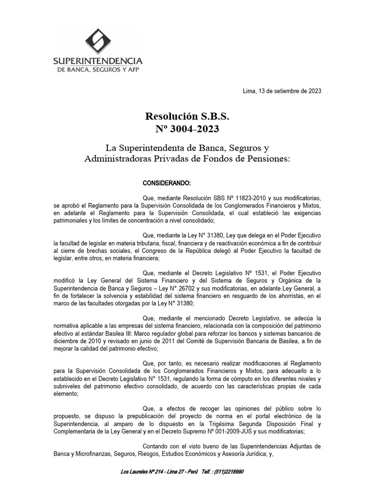Resolución S.B.S. #3004-2023: La Superintendenta de Banca, Seguros y Administradoras Privadas de ...