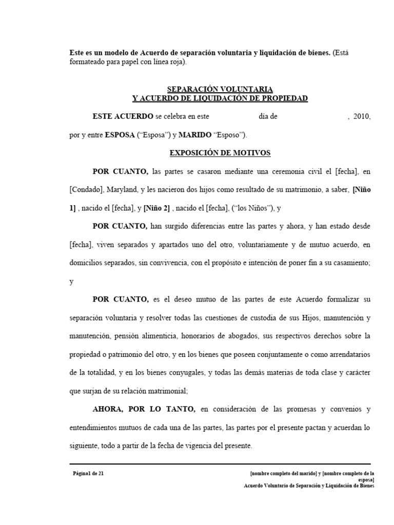 Modelo: Acuerdo de Separación Voluntaria y Liquidación de Bienes | PDF ...