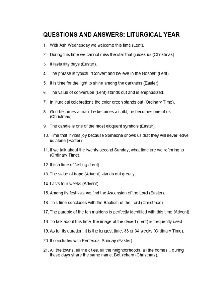 Questions and Answers About The Liturgical Year | PDF | Lent | Advent