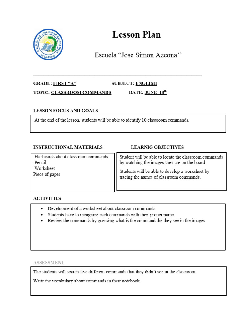 Lesson Plan - Primer Grado - Seccion A - 18 de Junio y 20 de Junio ...