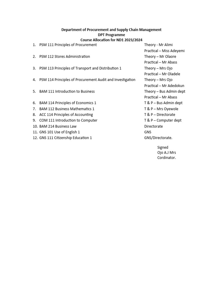 DPT Course Allocation For ND1 2023 | PDF