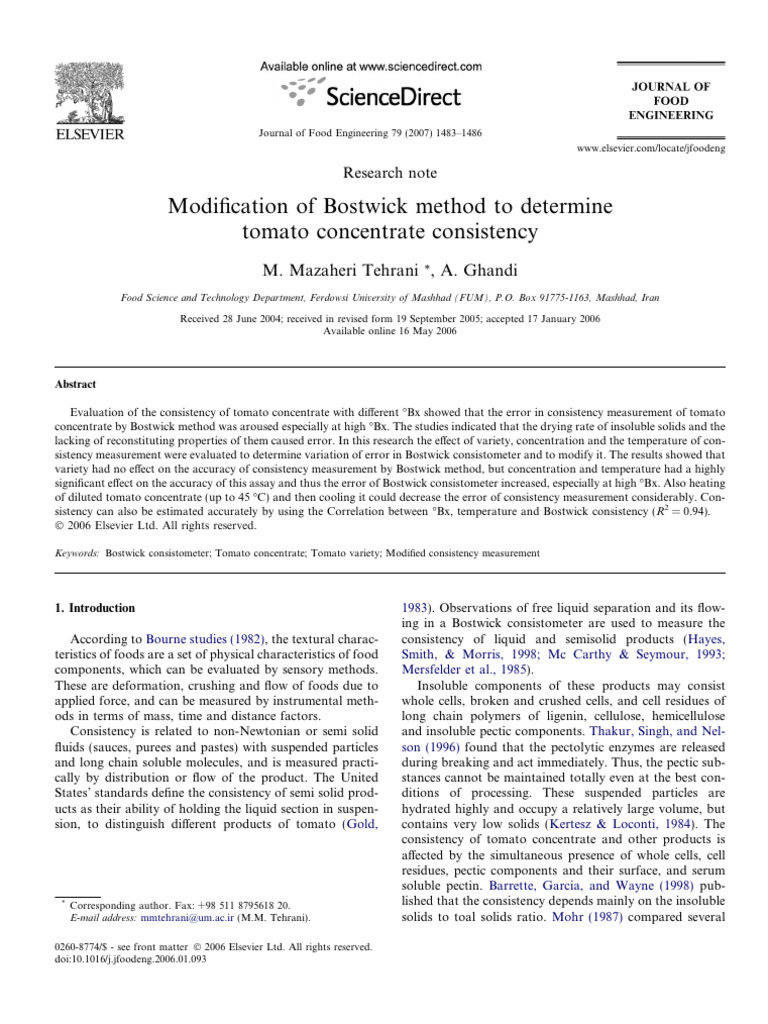Modification Of Bostwick Method To Determine Tomato Concentrate