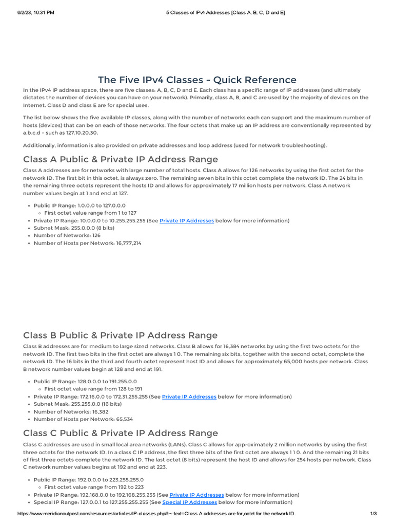 5 Classes of IPv4 Addresses (Class A, B, C, D and E) | PDF | Ip Address ...