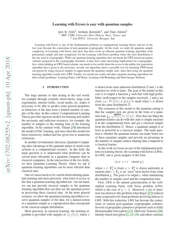 Learning With Errors Is Easy With Quantum Samples | PDF | Time Complexity | Encryption