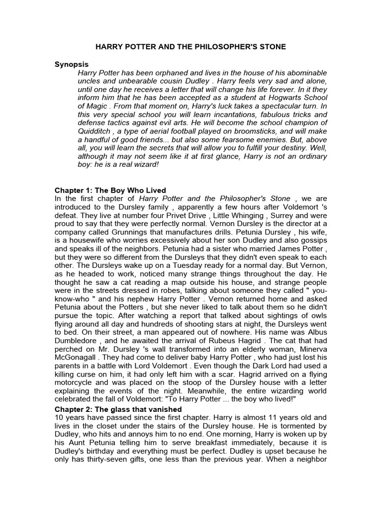 Harry Potter and The Philosopher's Stone - Summary | PDF | Fantasy ...