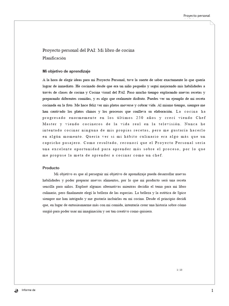 Proyecto Personal Del PAI: Mi Libro de Cocina: Planificación | PDF ...