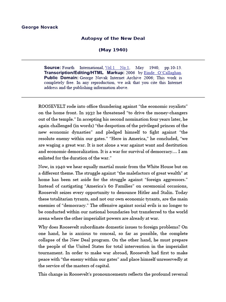 George Novack Autopsy of The New Deal (May 1940) | PDF | New Deal ...