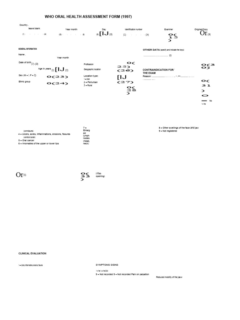 WHO Oral Health Assessment Form 1997 | PDF | Dentistry | Mouth