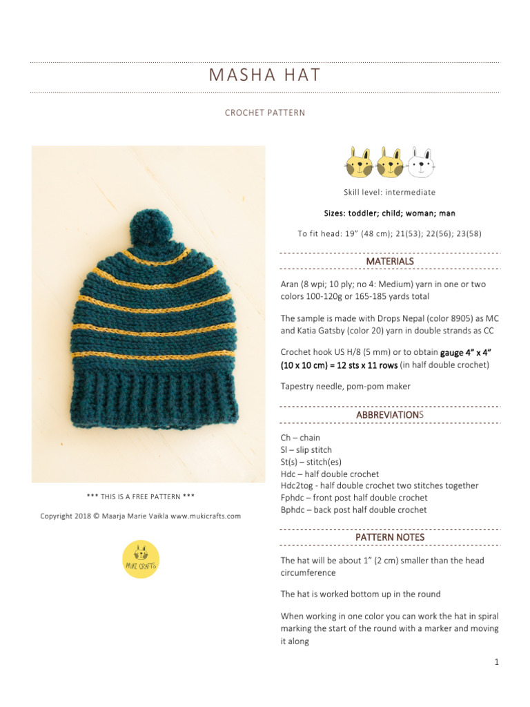 Masha Hat: Crochet Pattern | PDF | Crochet | Weaving