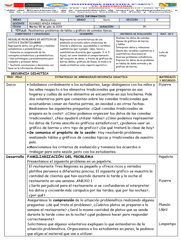 SESION MATE. Resolvemos Problemas de Tablas y Gráficos de Comidas Típicas. | PDF | Estadísticas ...