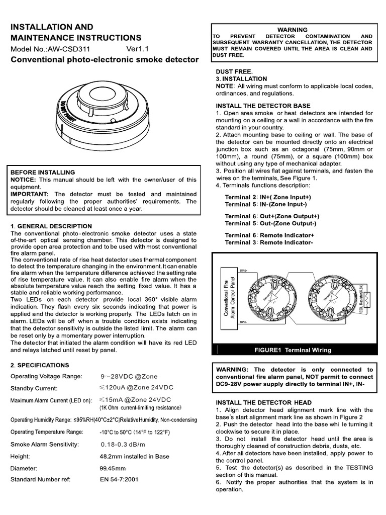 AW-CSD311 Conventional Smoke Detector User Manual 20230506 | PDF | Computers