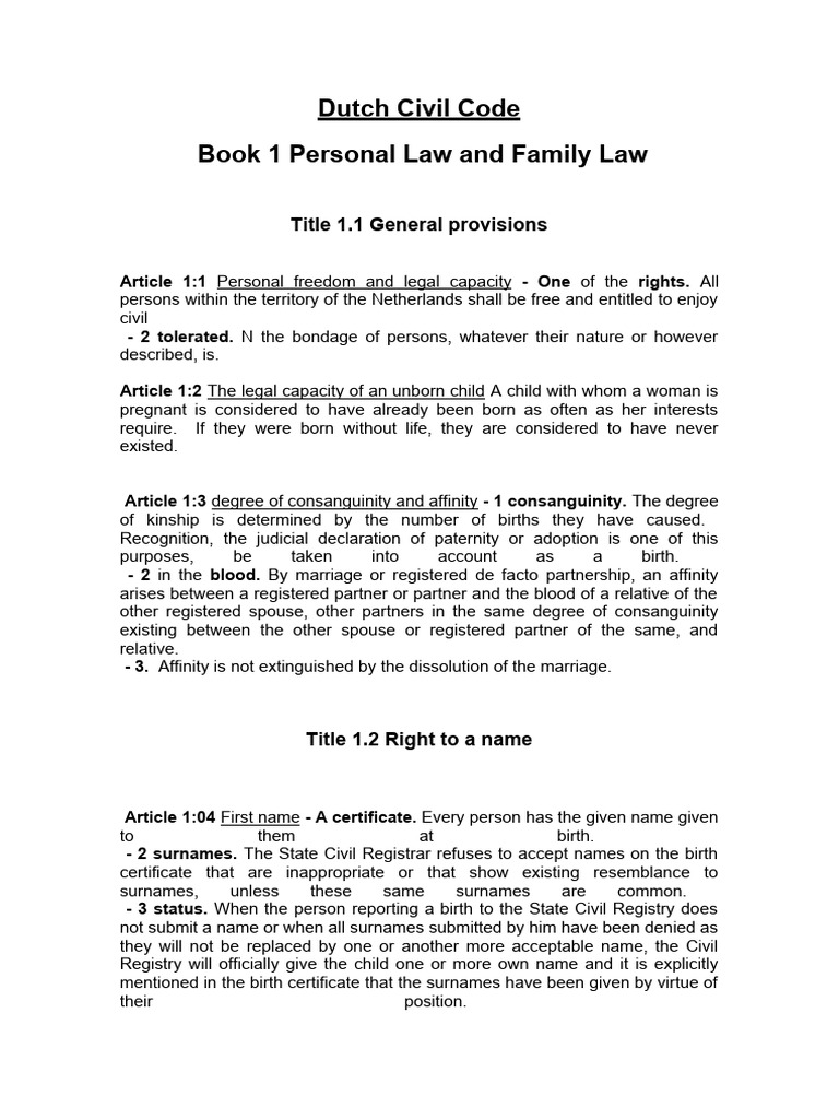 Dutch Civil Code BOOK 1 | PDF | Birth Certificate | Marriage