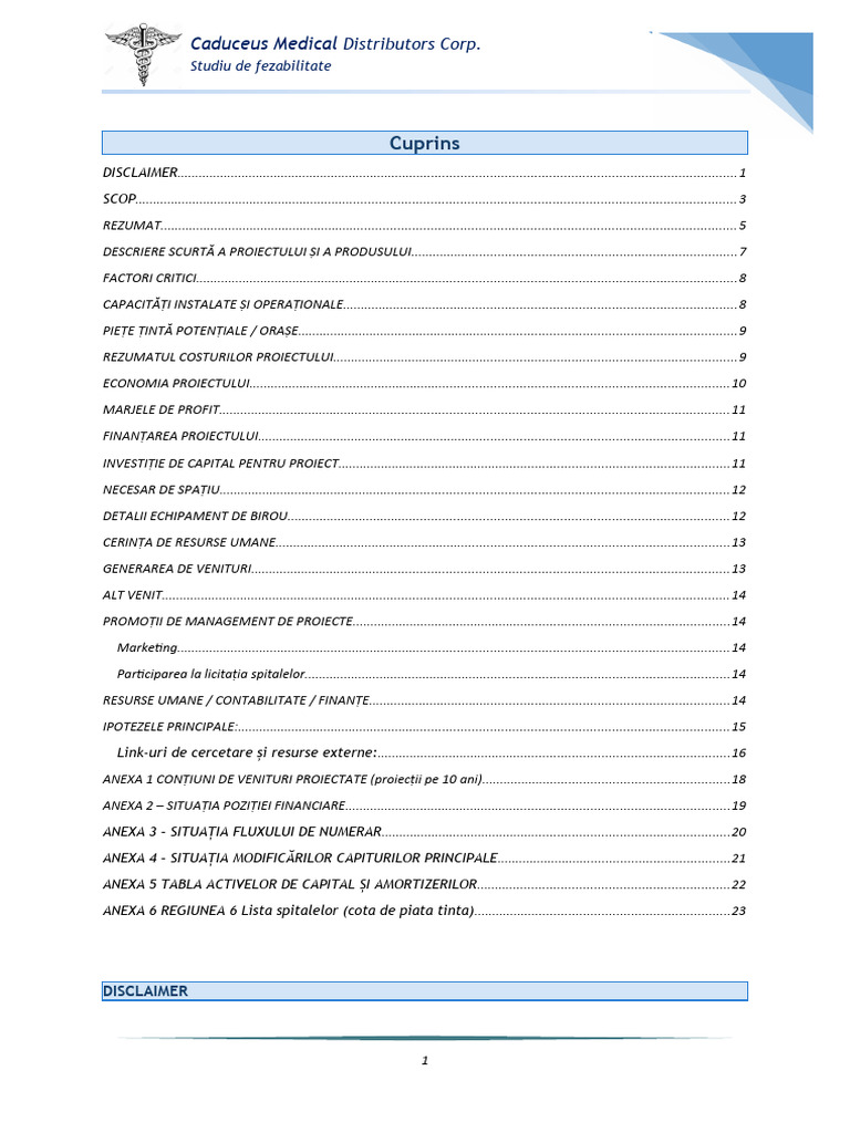 Studiu de Fezabilitate - Aprovizionare Și Echipamente Medicale | PDF