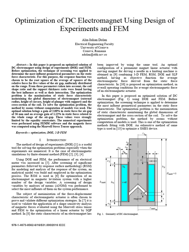 Optimization of DC Electromagnet Using Design of Experiments and FEM | Download Free PDF ...