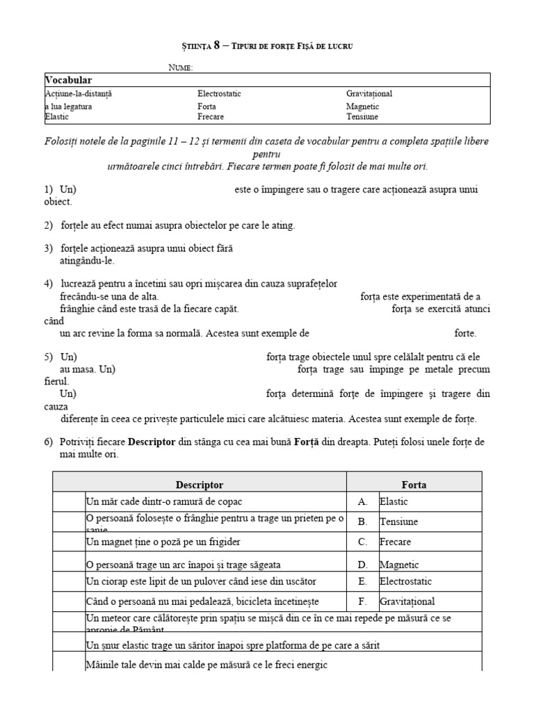 Fișa de Lucru Pentru Tipurile de Forțe | PDF