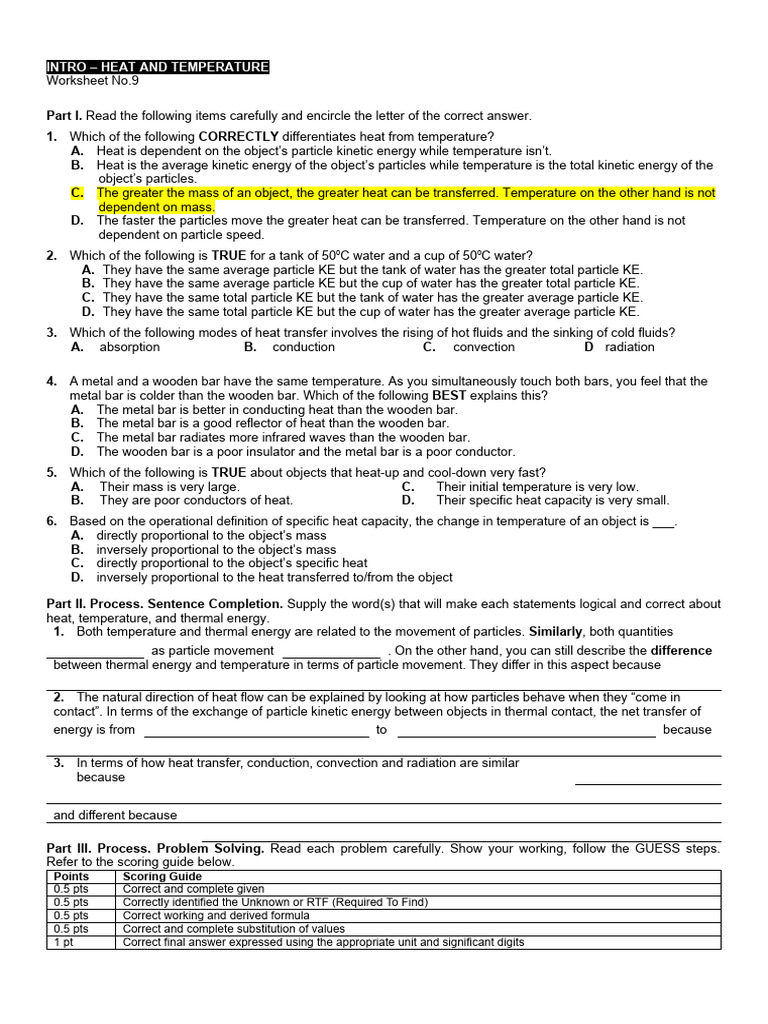WS 9 - Intro To Heat and Temperature | PDF | Heat | Heat Transfer