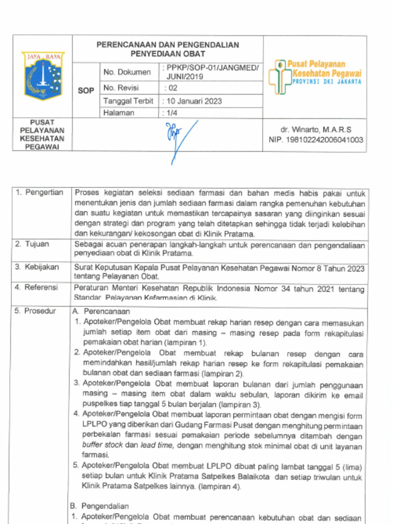 contoh sop layanan 3.15 SOP 01. Perencanaan dan Pengendalian Penyediaan Obat | PDF