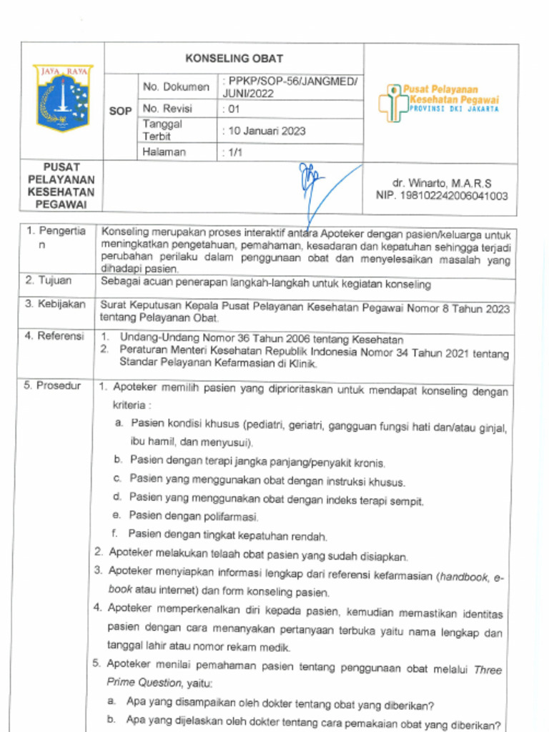 Contoh Sop Layanan 3.15 SOP 56. Konseling Obat | PDF