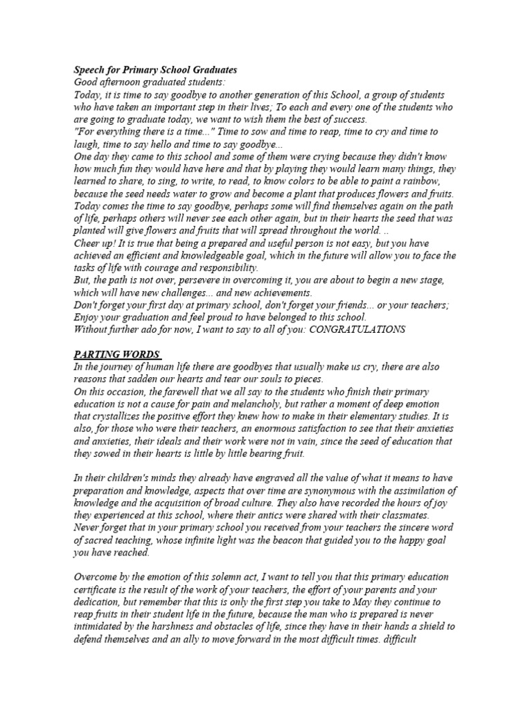 Speech For Primary School Graduates | PDF | Disciplines | Teachers