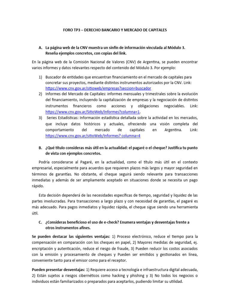 Foro TP3 - Derecho Bancario | PDF | Cheque | Business