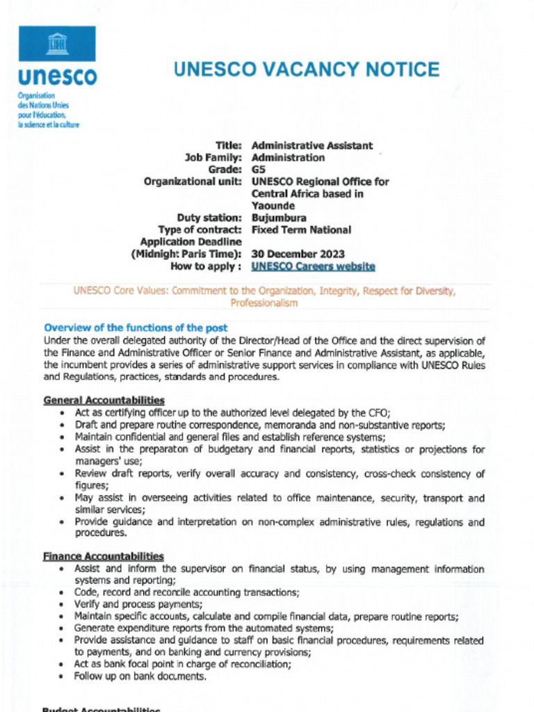 Unesco Vacancy Notice G5 Admin Buj | PDF