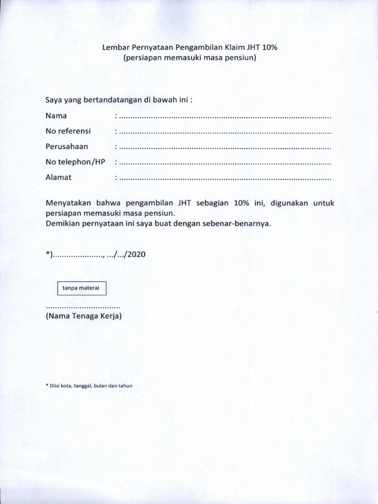 Lembar Pernyataan Pengambilan Klaim JHT 10% (2) | PDF