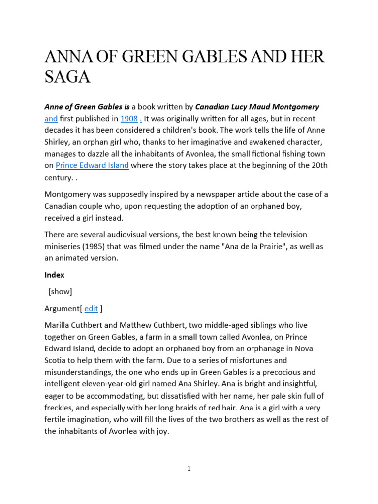 Anna of Green Gables and Her Saga | PDF | Anne Of Green Gables | Novels ...