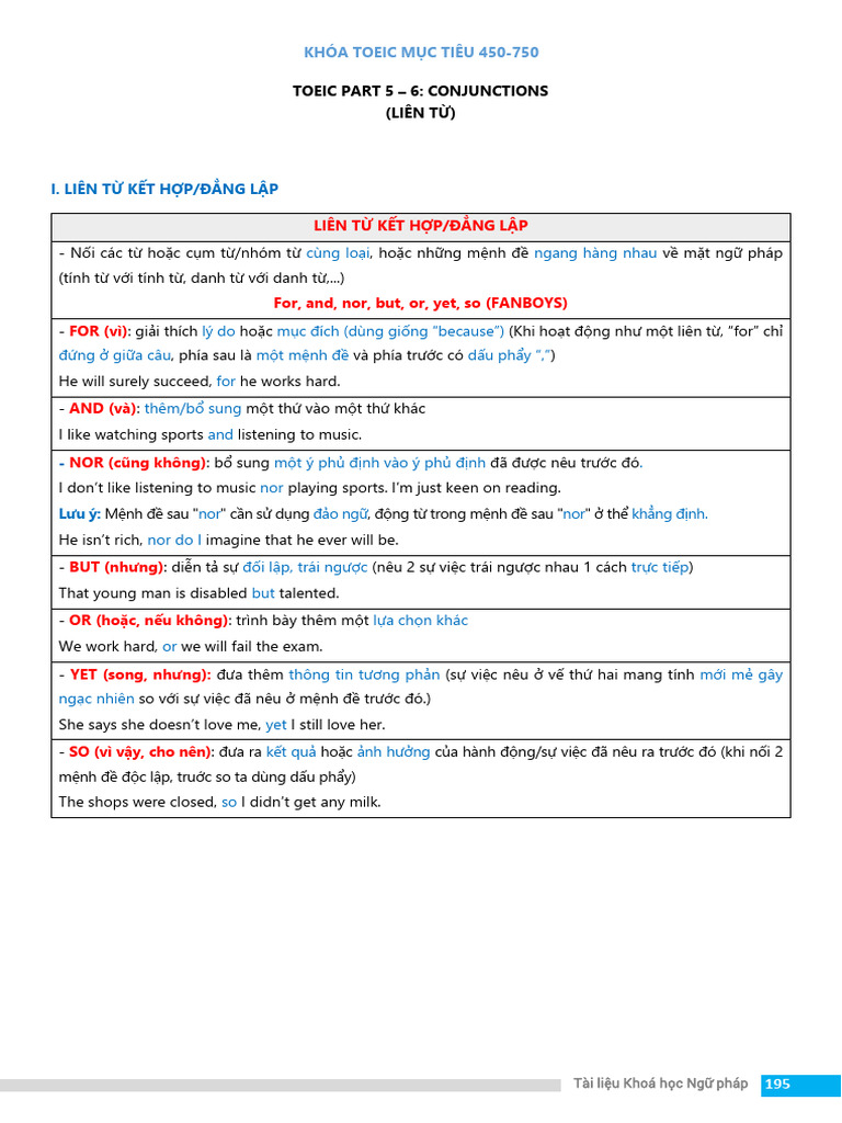 Toeic Part 5 6 - Conjunctions-Liên T | PDF