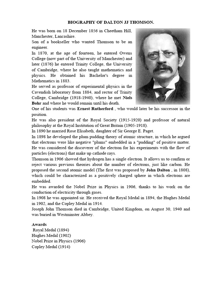 Dalton J.J. Thomson Biography | PDF | Theory Of Relativity | Physical Sciences