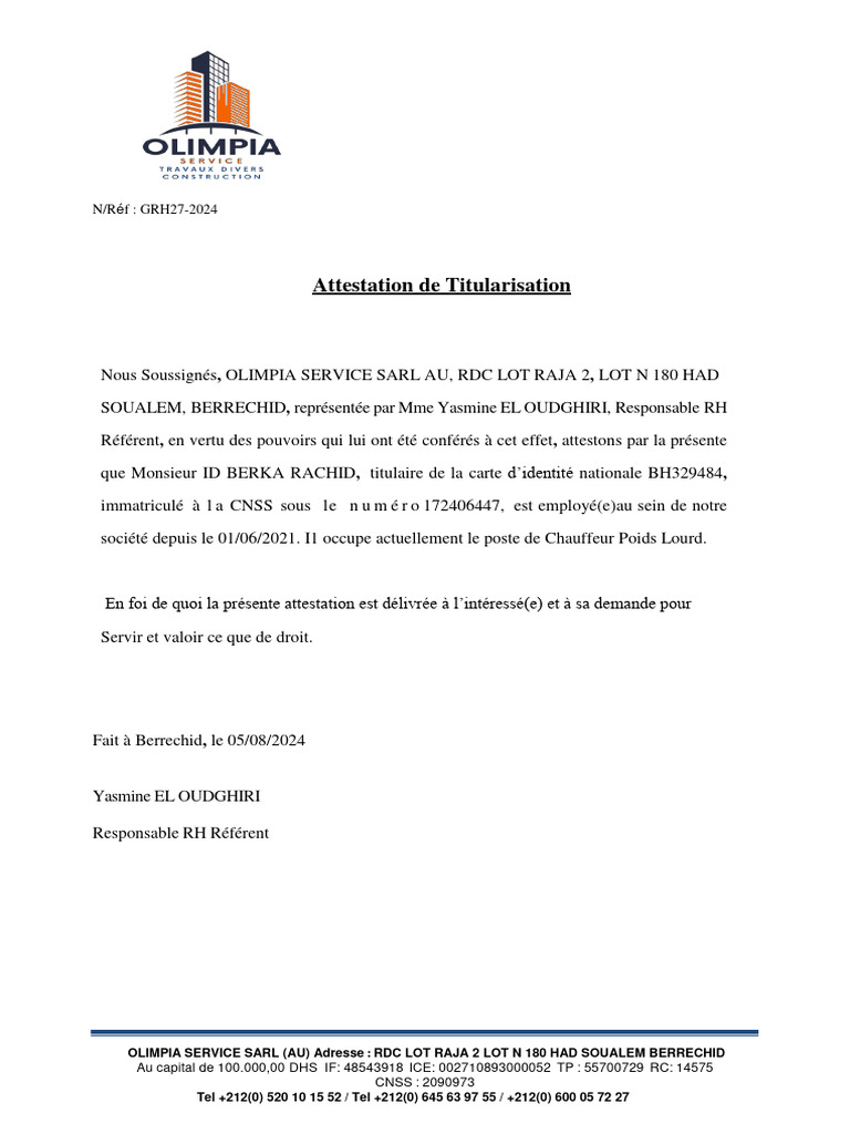 Attestation de Titularisation Employé | PDF
